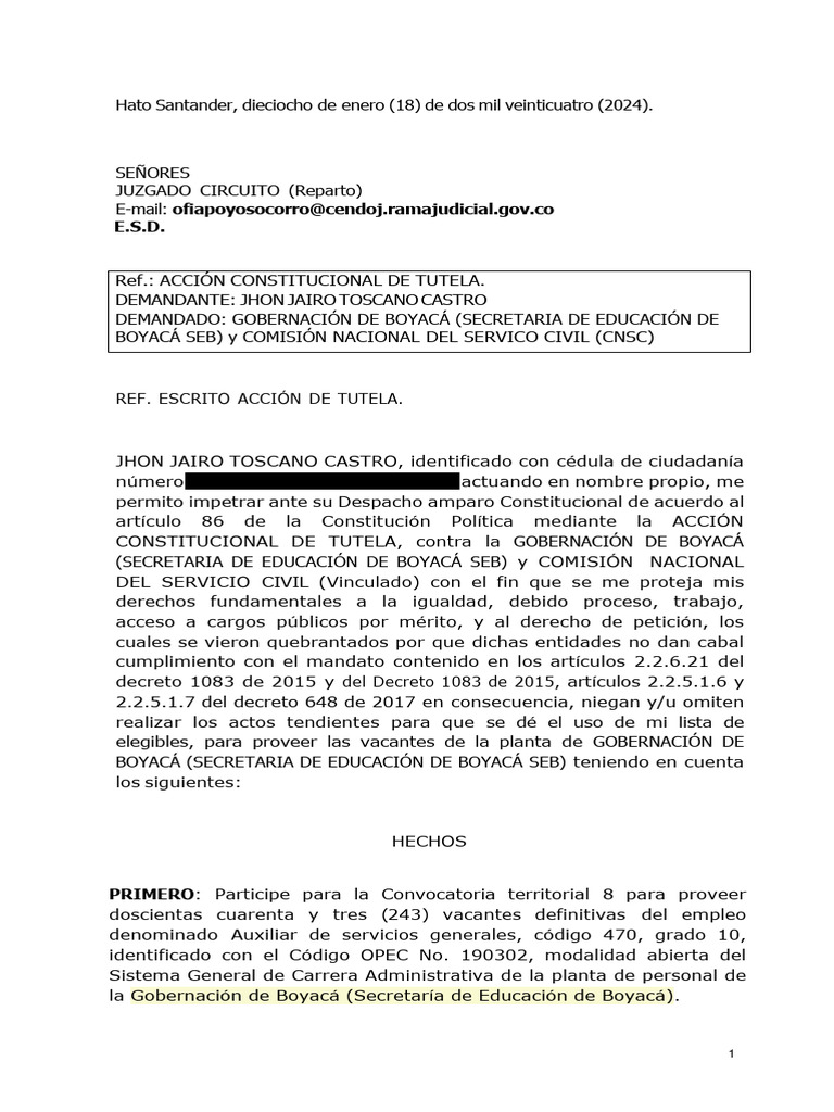 Escritotutela Jhon Jairo Toscano Castro | PDF | Debido al proceso | Caso de ley