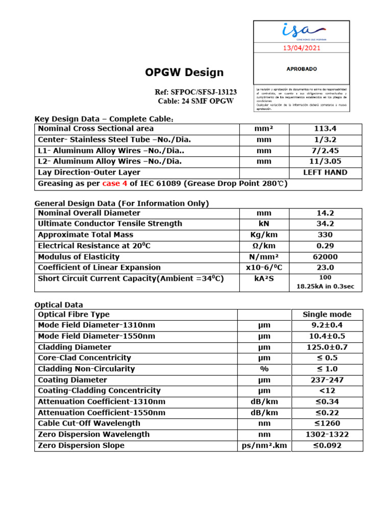 OPGW Design Data Sheet (SFSJ-J-13123) Upated-A | PDF | Electricity ...