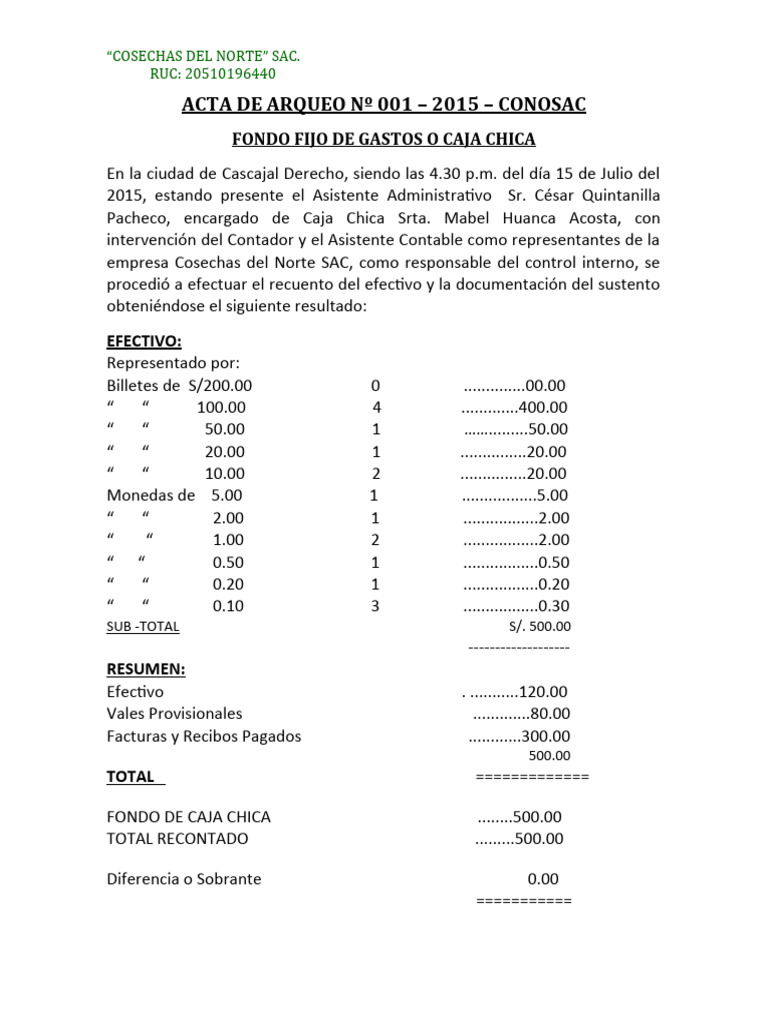 Acta de Arqueo de Caja Chica 2015 | PDF