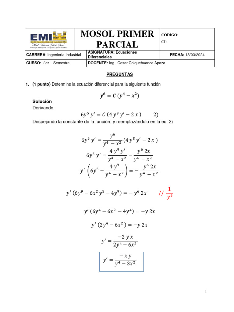 MOSOL - Primer Examen Parcial 1-2024 Ecuaciones Dif | PDF | Ecuaciones ...