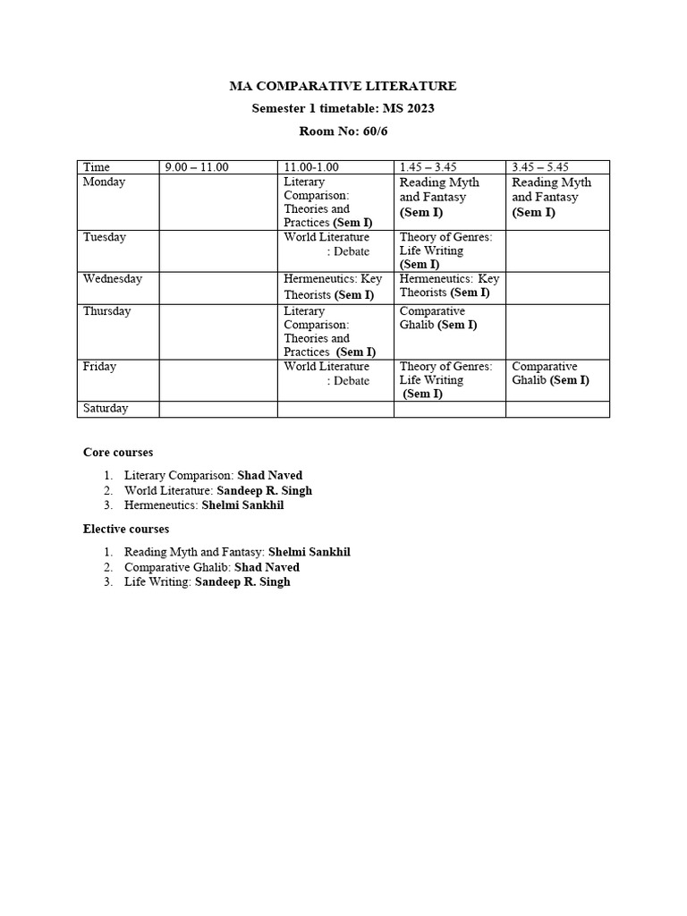 Semester 1 Timetable Ms 2023 | PDF