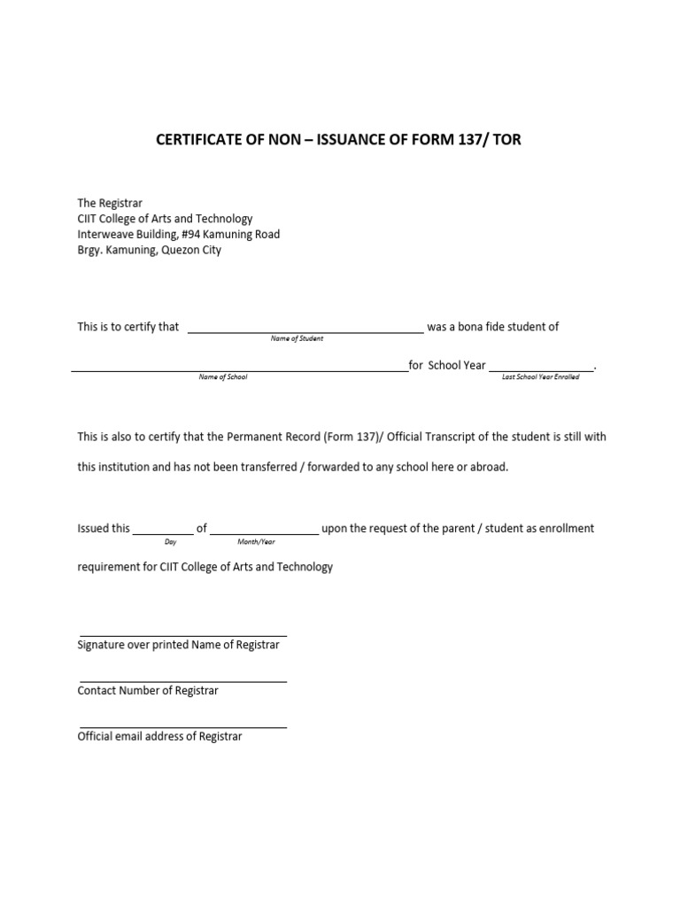 College Certificate of Non - Issuance of Form 137 Rev62323 | PDF