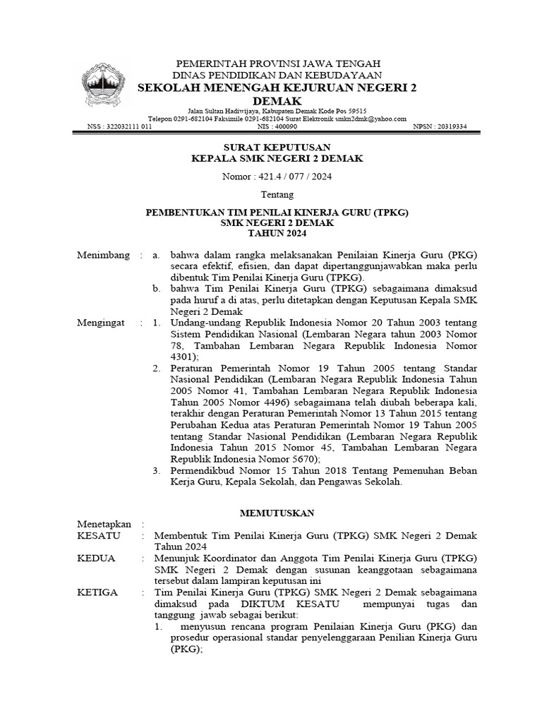SK Tim Penilai Kinerja Guru (PKG) - Tahun 2024 | PDF