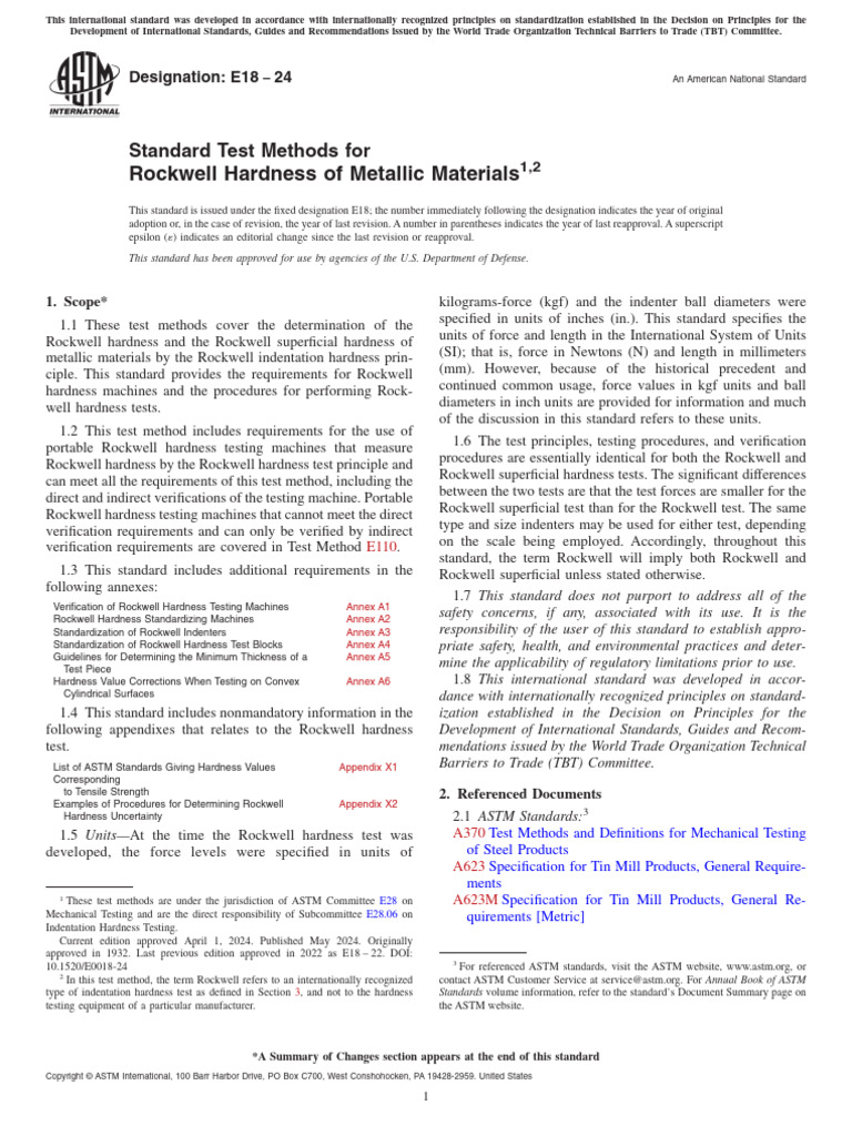 Rockwell Hardness of Metallic Materials: Standard Test Methods For ...
