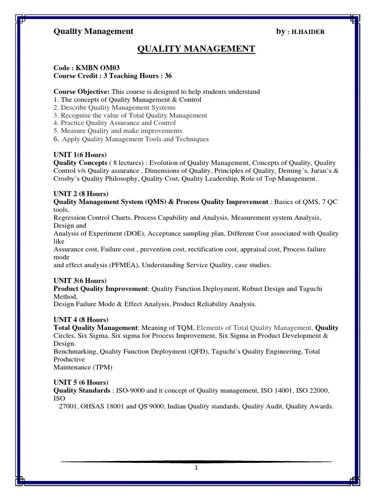 KMBN Om03 QM All Units | PDF | Quality (Business) | Quality Management