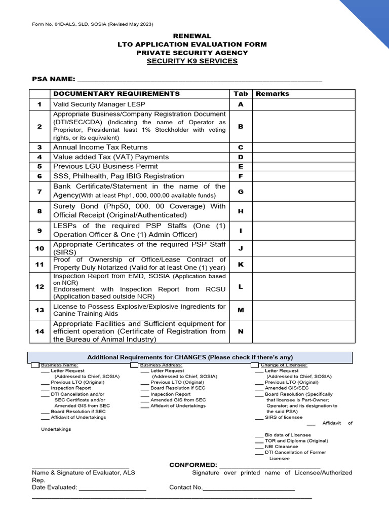 LTO Application Evaluation Form Private Security Agency Security K9 ...