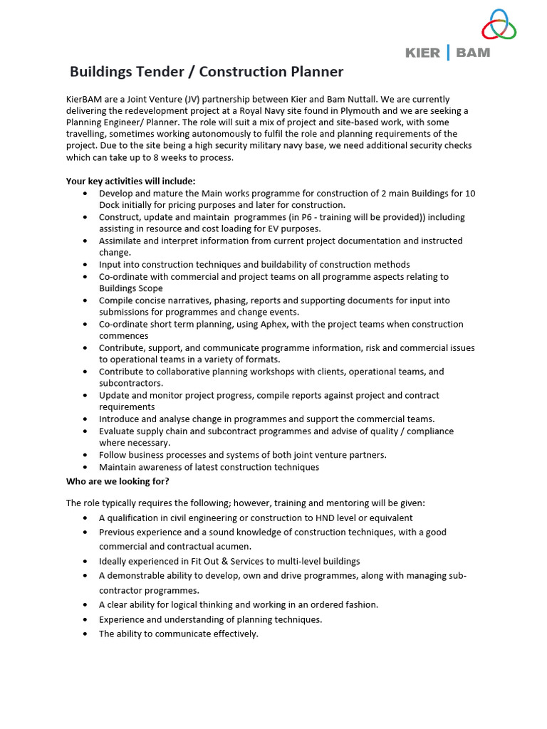 Construction Planner Role at KierBAM | PDF | Joint Venture | Computing