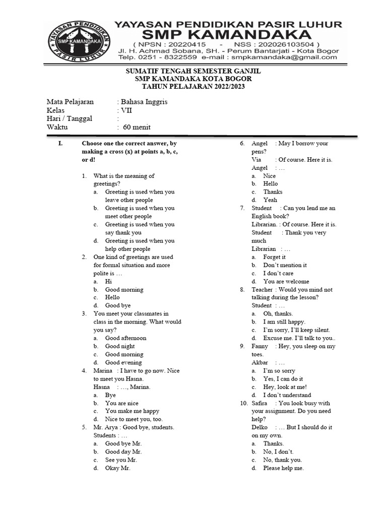 Soal Pts Ganjil Bhs Inggris Kelas 7 2023 | PDF