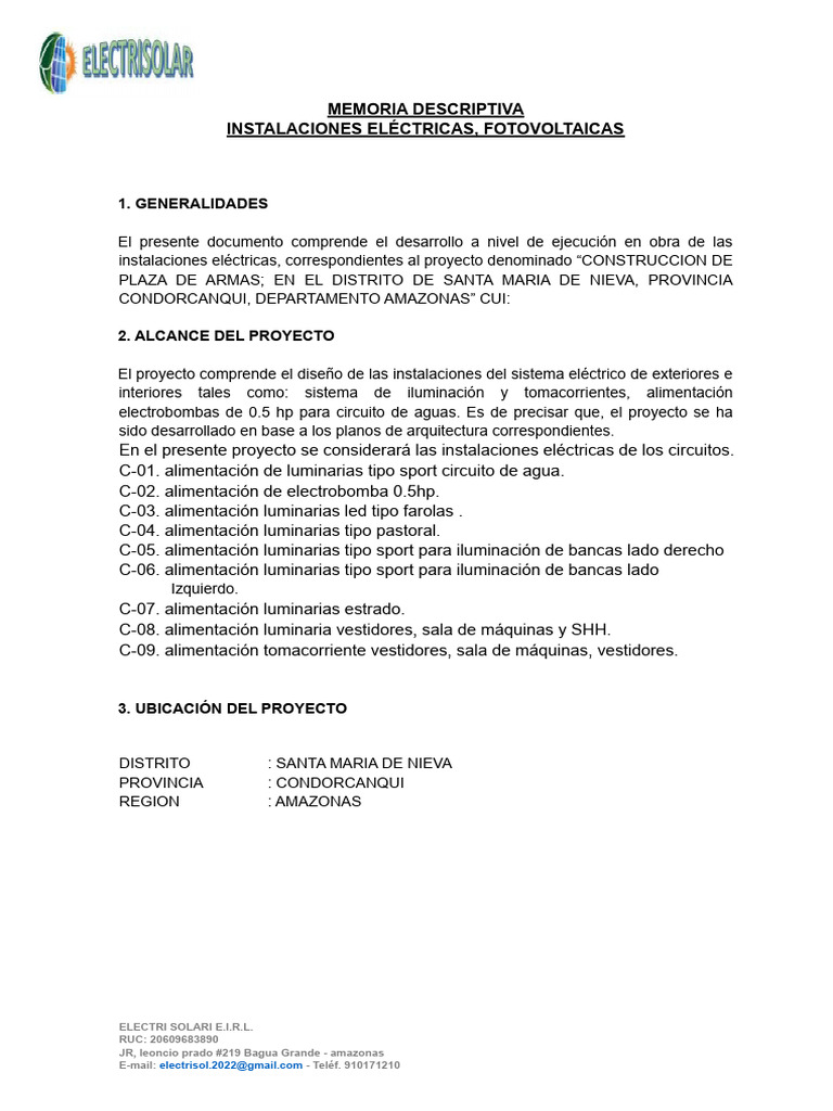 Memoria Descriptiva - Plaza Nieva | PDF | Corriente eléctrica | Ciencia de los Materiales