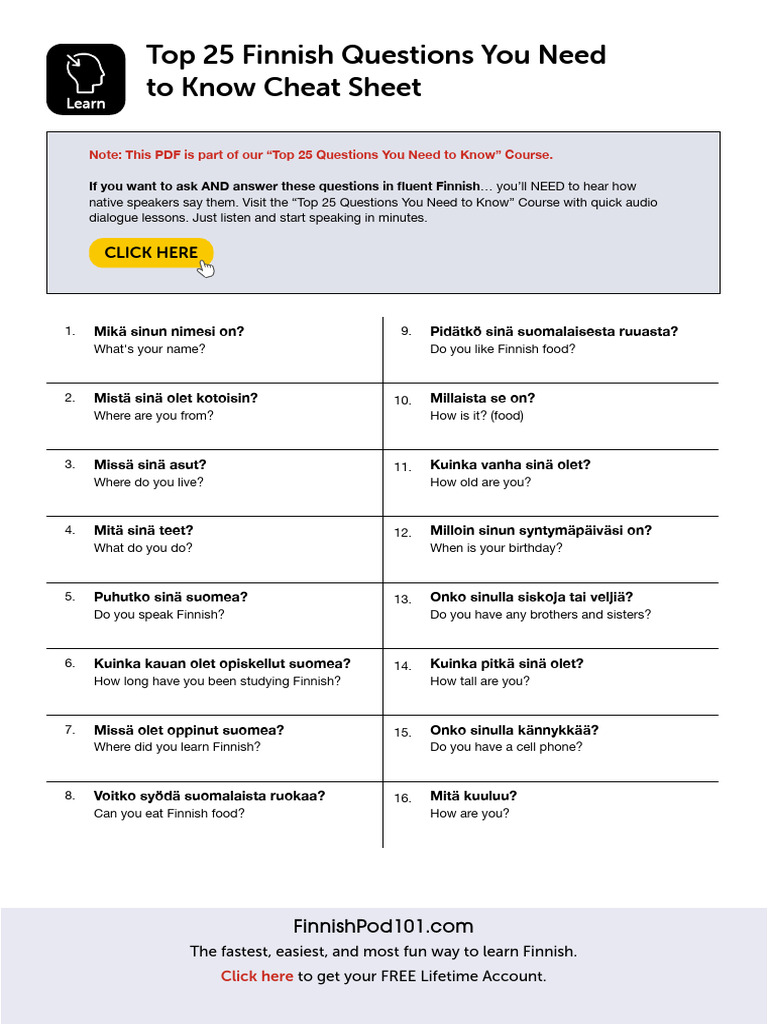 Finnish Top25 Cheatsheet | PDF