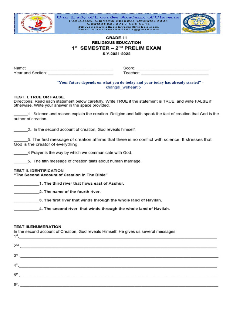 Grade 11 Religious Education Exam | PDF | God | Psychological Attitude