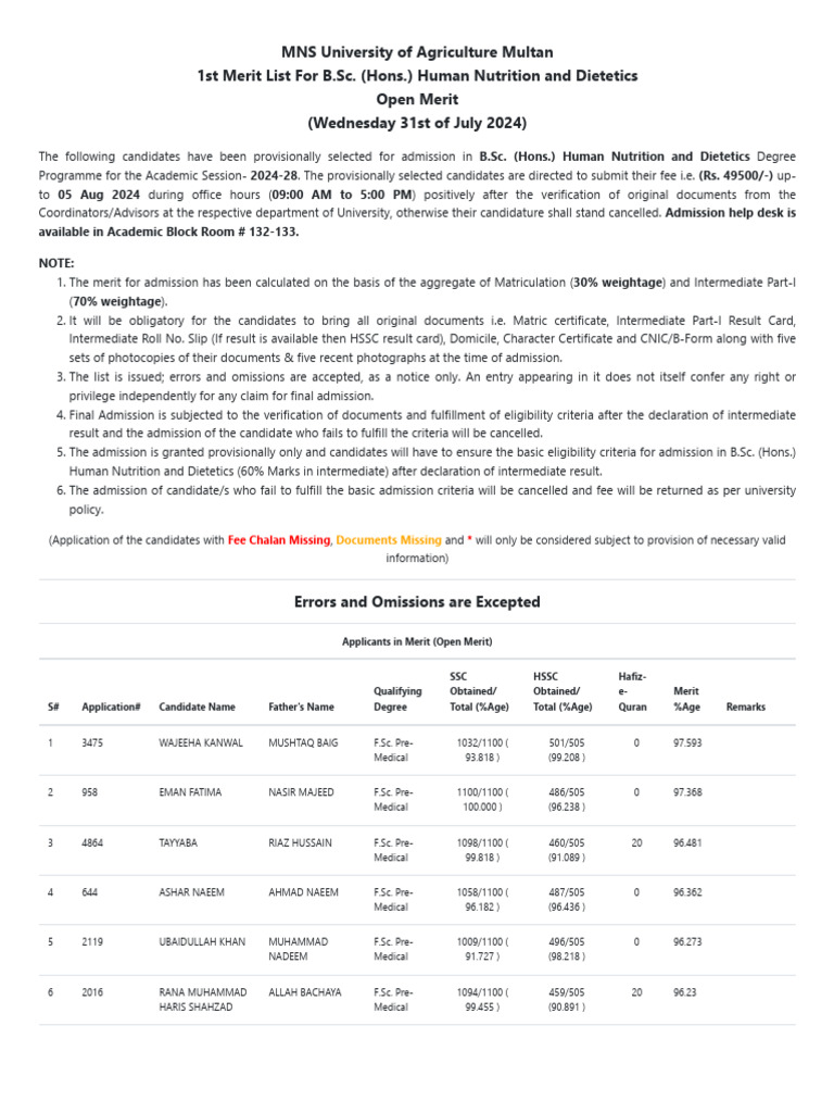 BSC Hons Human Nutrition and Dietetics Open Merit 1 | PDF