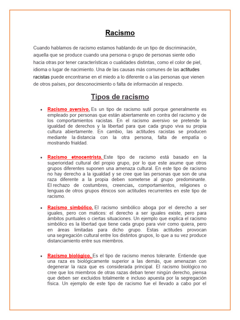 Tipos de Racismo y sus Impactos | PDF | Racismo | Discriminación y ...