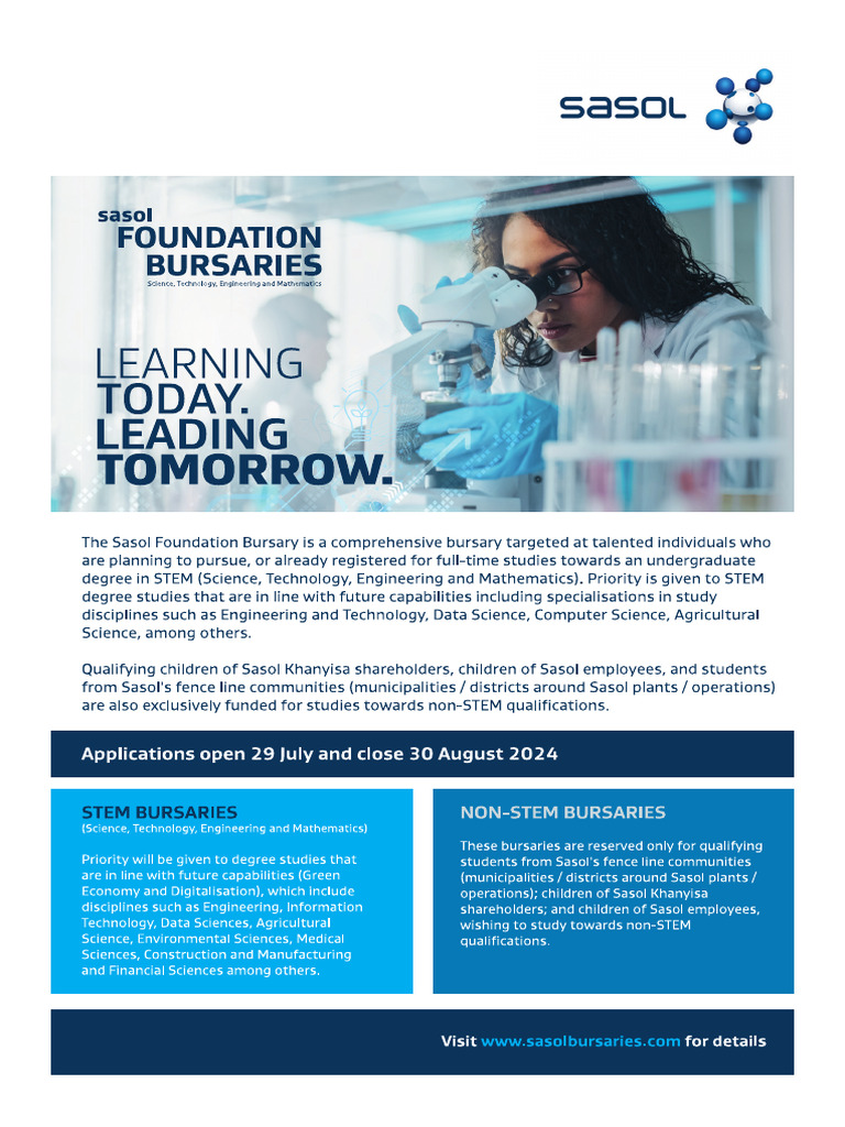 Sasol Foundation Bursaries - 2024 - A5 - Leaflet Final | PDF