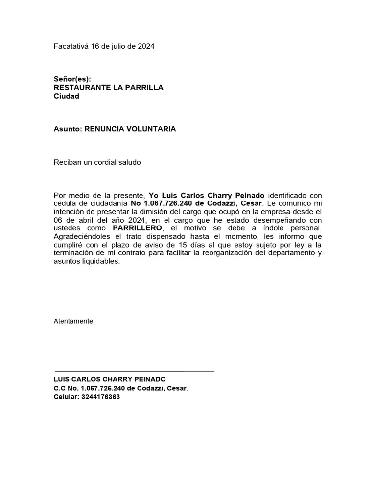 Carta Renuncia Luis | PDF