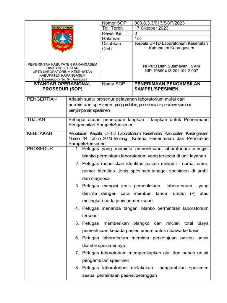 SOP Penerimaan Sampel | PDF | Pengembangan Diri | Sains & Matematika