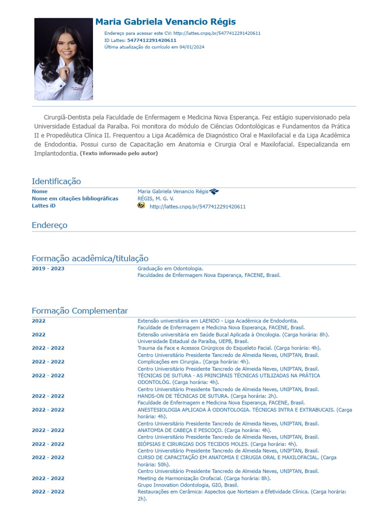 CV-Maria Gabriela Venâncio Régis | PDF | Odontologia | Remédio