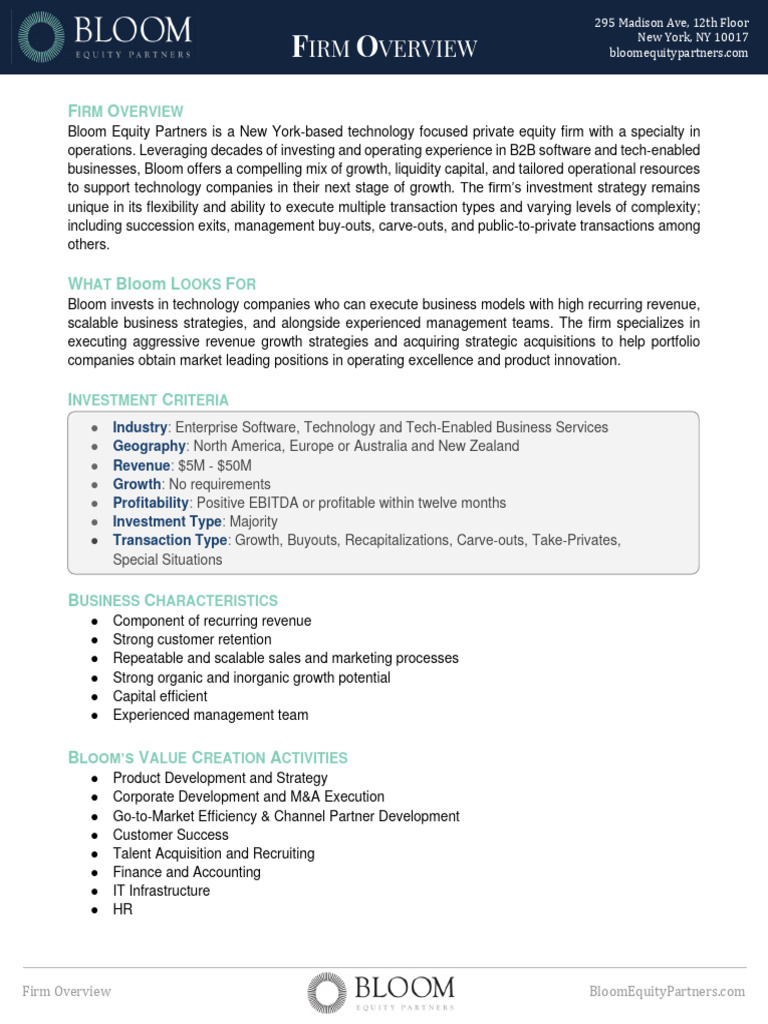 Bloom Equity Partners Overview | PDF | Mergers And Acquisitions ...