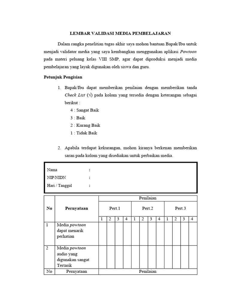 Lembar Validasi Media Pembelajaran Bu Indah Pdf