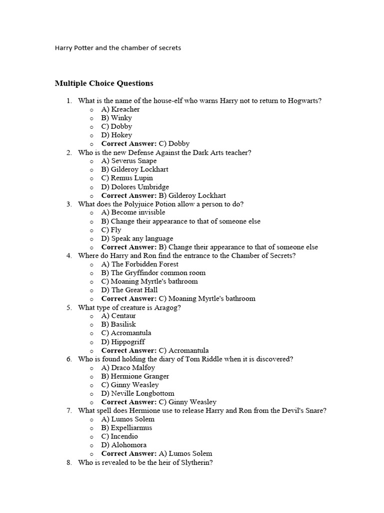 Chamber of Secrets Quiz Questions | PDF | Contemporary Fantasy Novels ...
