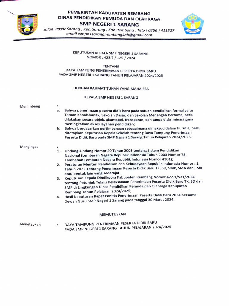 SK Daya Tampung PPDB SMPN 1 SARANG 2024-2025 | PDF