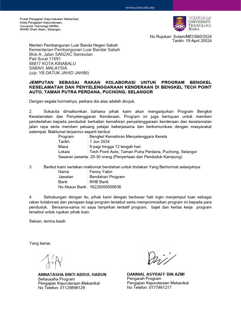 Contoh Surat Kolaborasi Komuniti - Pelajar - Tajaan | PDF