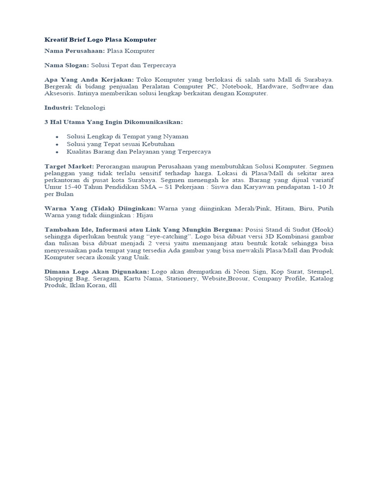 Kreatif Brief Logo Plasa Komputer | PDF | Karier & Perkembangan
