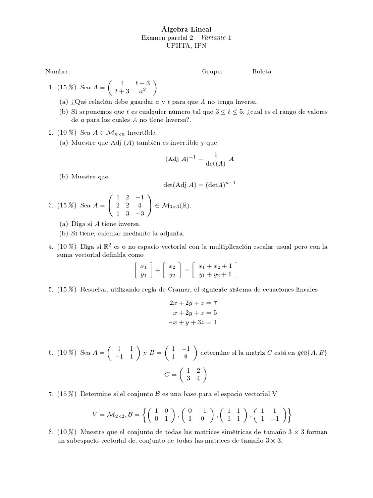 2do Parcial | PDF | Matriz (Matemáticas) | Álgebra lineal