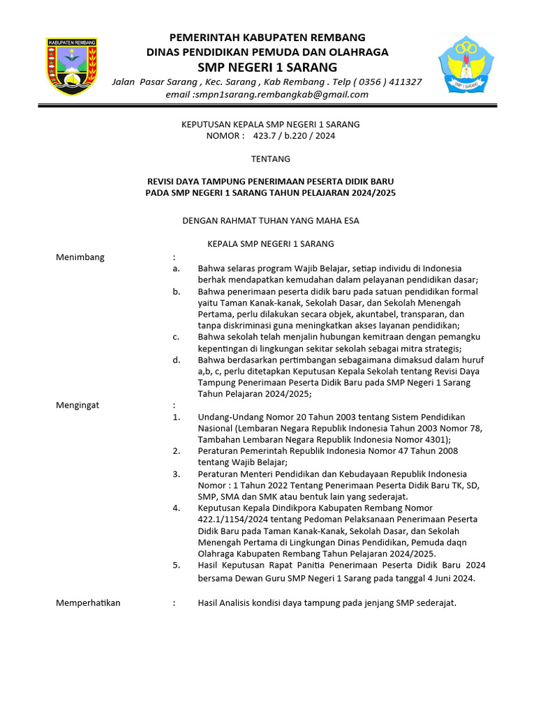 SK Revisi Daya Tampung PPDB 2024 Smpn1sarang | PDF