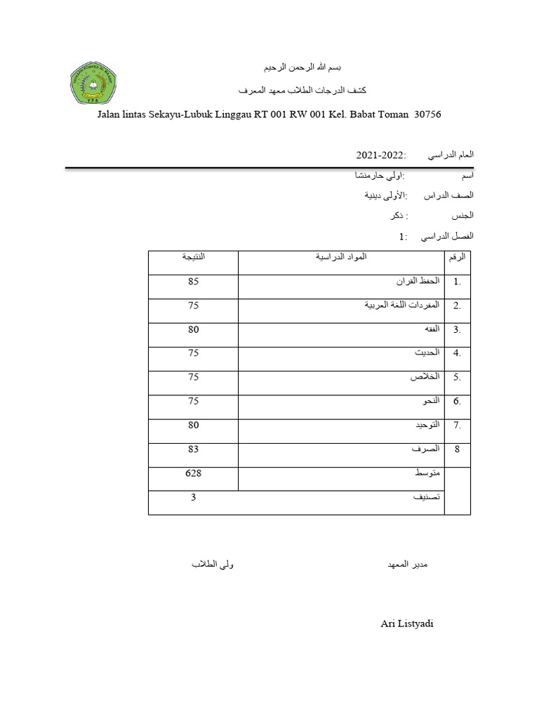 Raport Diniyah Kelas 3 | PDF
