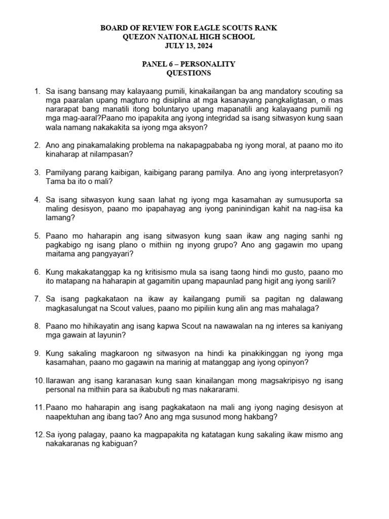 Board of Review Panel 6 - Personality Questions | PDF