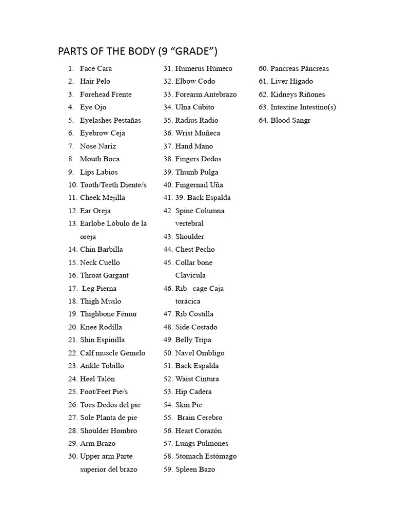 PARTS OF THE BODY Vocabulary | PDF