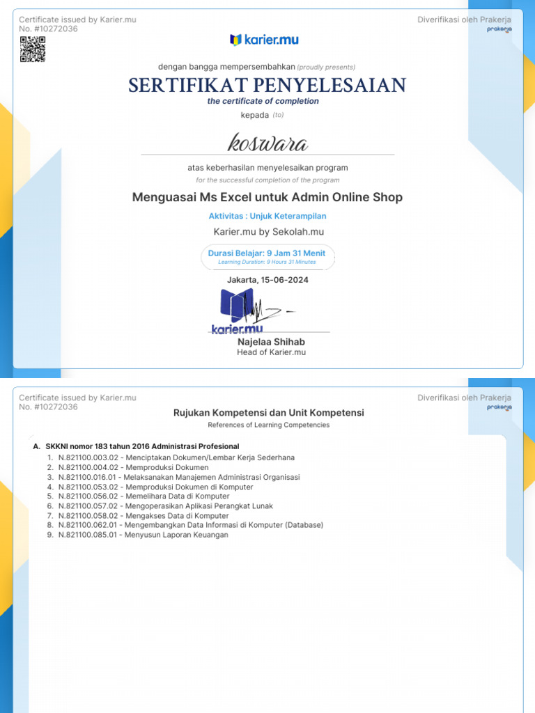 Sertifikat Ms Excel Admin Toko Online | PDF | Karier & Perkembangan | Bisnis