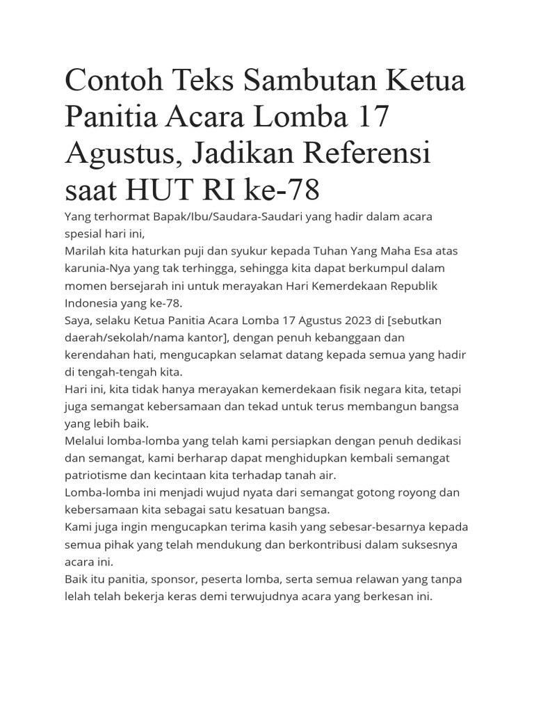 Contoh Teks Sambutan Ketua Panitia Acara Lomba 17 Agustus | PDF