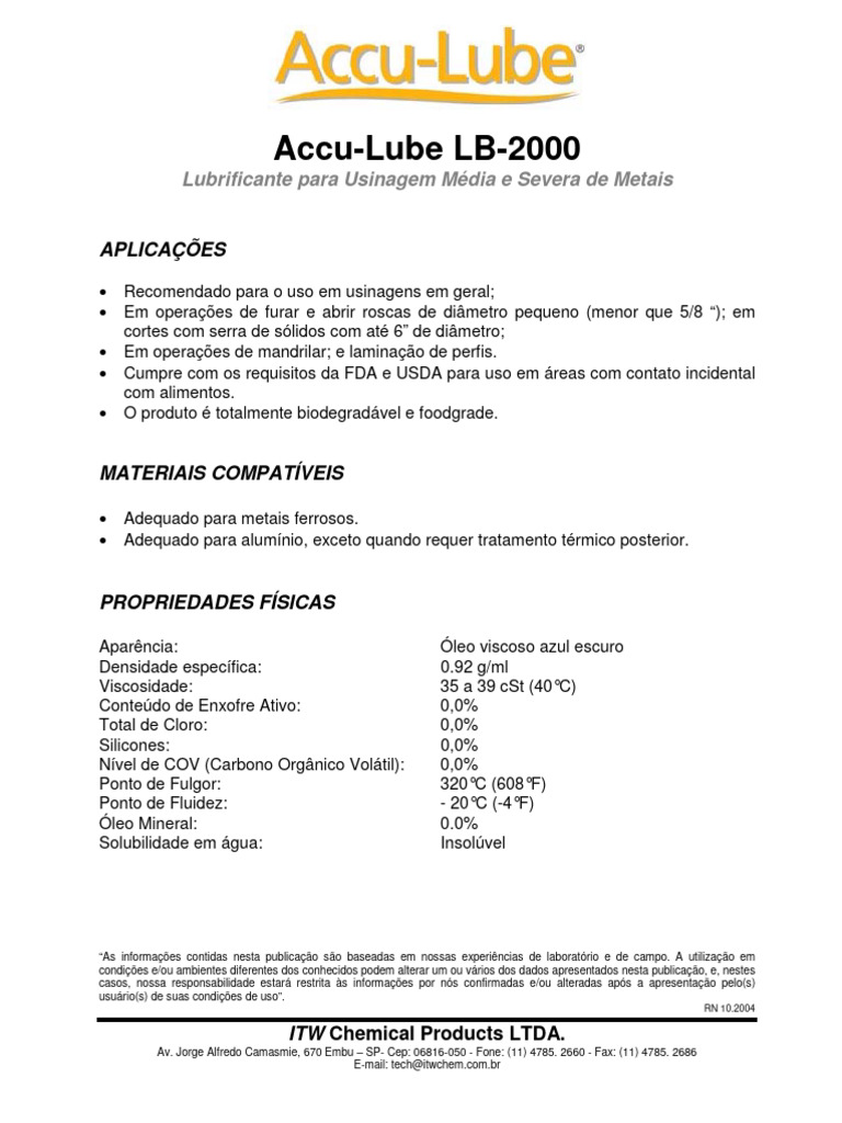 Lubrificante Accu-Lube LB-2000 para Metais | PDF | Tecnologia e Engenharia