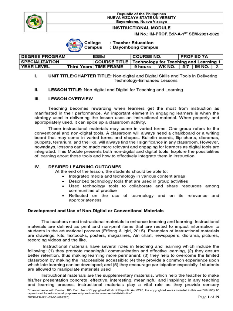 IM-3-Prof-Ed-Non-digital and Digital For Teaching and Learning | PDF | Educational Technology ...