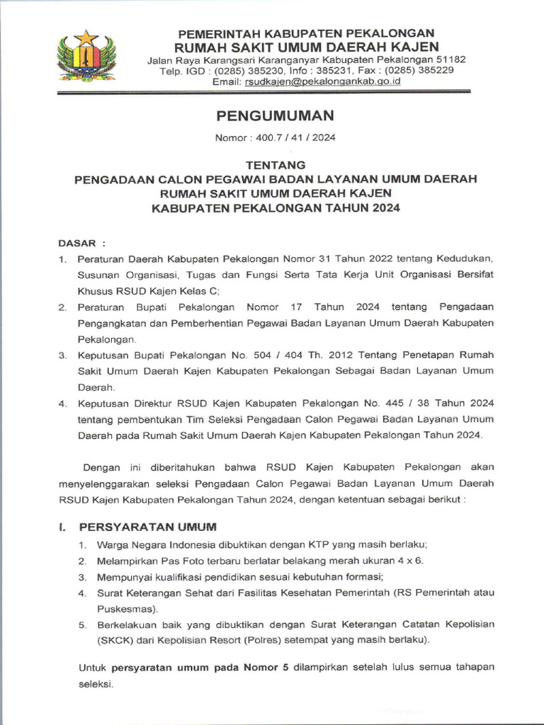 Pengumuman Pengadaan Calon Pegawai Blud Rsud Kajen Tahun 2024 | PDF Pengumuman Pengadaan Calon Pegawai Blud Rsud Kajen Tahun 2024 | PDF