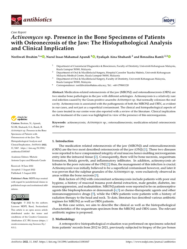 Actinomyces Sp. Presence in The Bone Specimens of Patients With ...