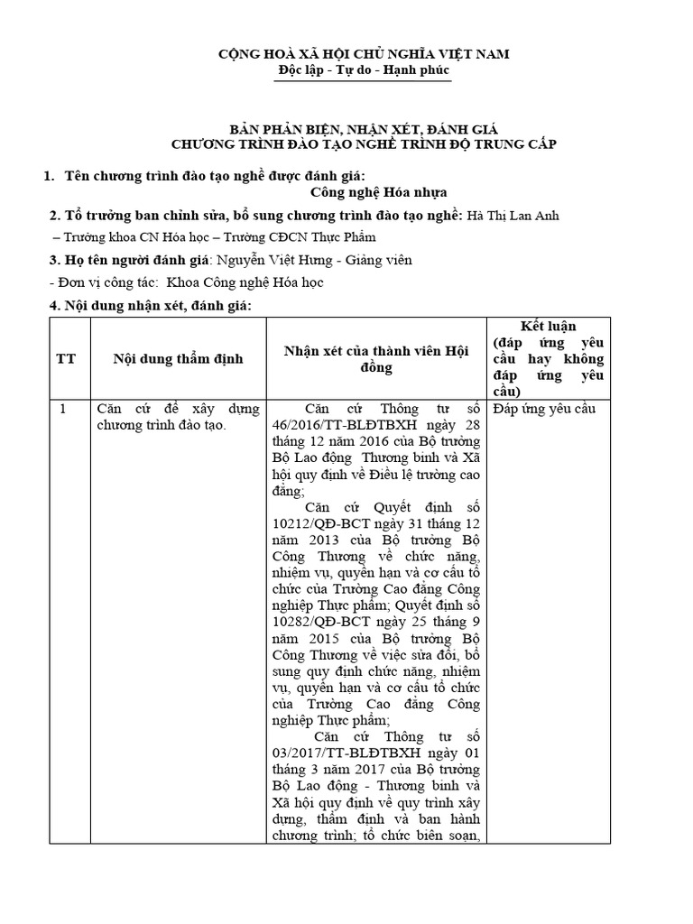 Phản Biện TC Nghề CN Hóa Nhựa, KTXL Mtrường | PDF