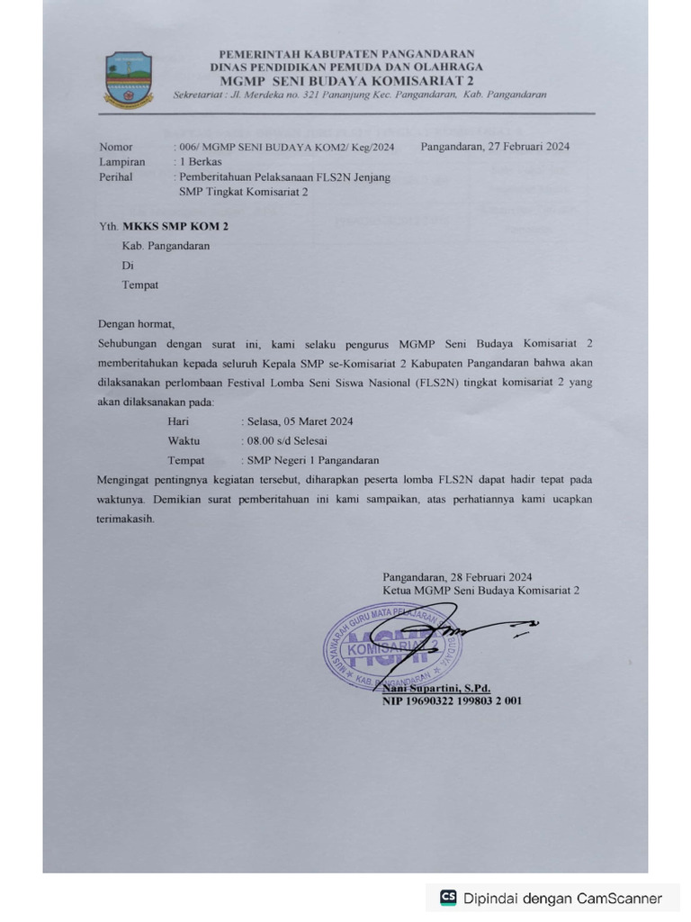 Surat Pemberitahuan fls2n SMP Kom 2 | PDF