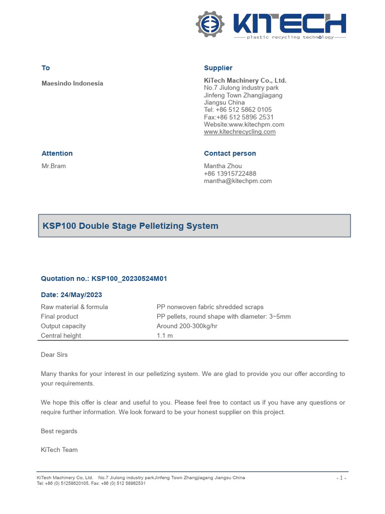 KITECH Offer-KSP100 Double Stage Pelletizing System-20230524m.01 | PDF ...