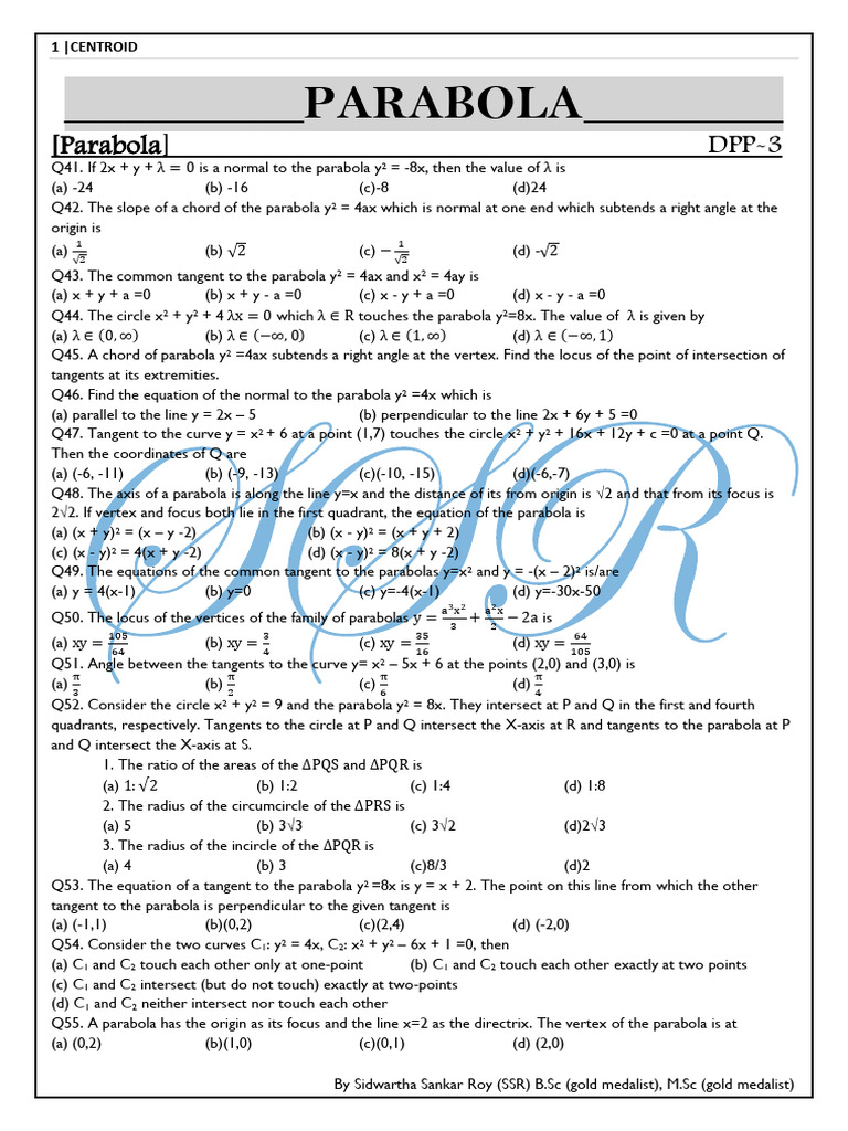Parabola (DPP 3) | PDF | Perpendicular | Geometry