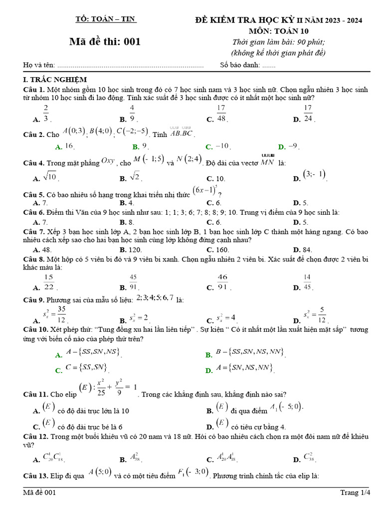 ĐỀ KIỂM TRA HKII - TOÁN 10 - MÃ 001 | PDF