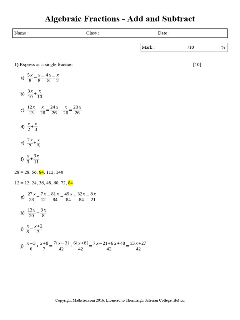 Algebraic Fractions - Add and Subtract - 1 | PDF