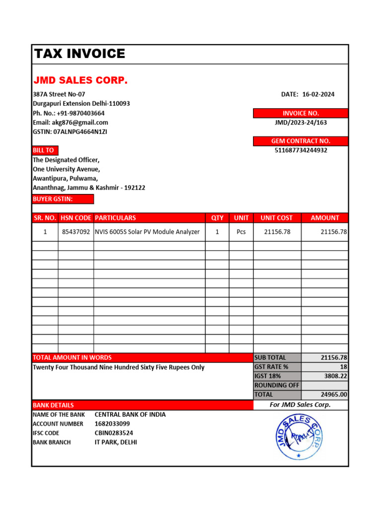 JMD Sales Corp. Tax Invoice for Solar Analyzer | PDF