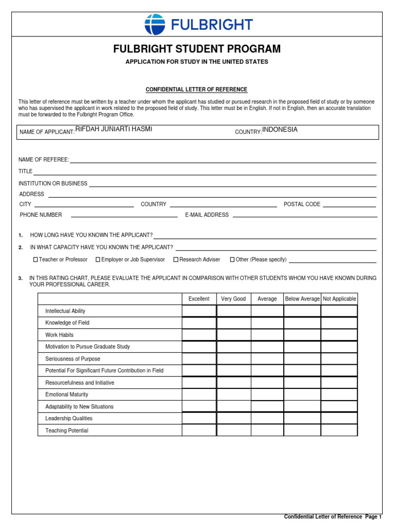Fulbright Letter of Reference Form in PDF Format | PDF | Leadership ...