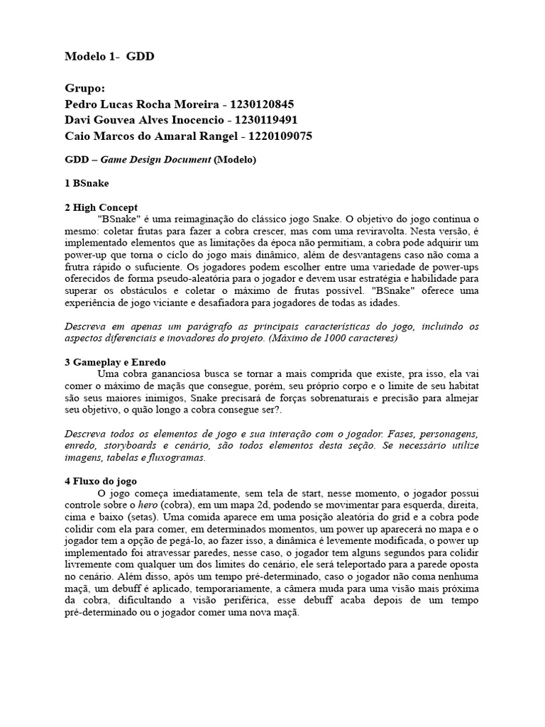 Game Design Document (GDD) - Formullário | PDF | Esportes e Recreação ...