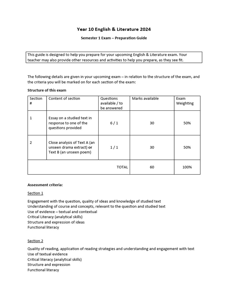 Year 10 English 2024 - Sem 1 Exam Prep Guide | PDF | Essays | Concept