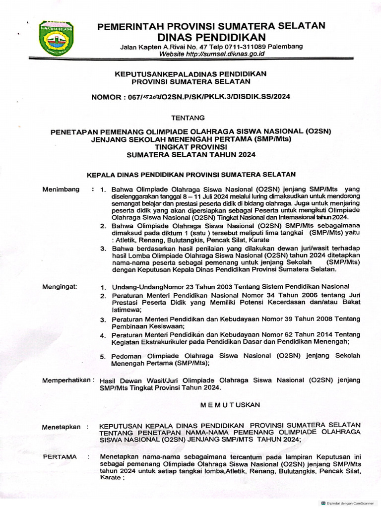 Pemenang O2sn Jenjang SMP Tahun 2024 | PDF