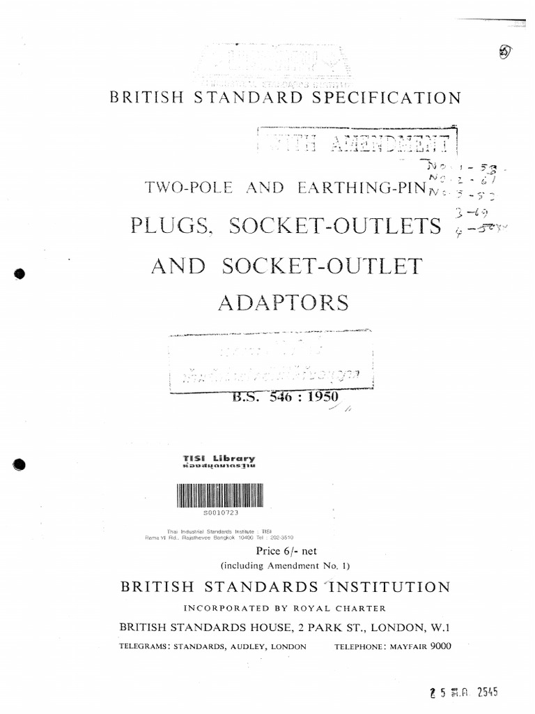 BS 546-1950 (Scan) Plugs Socket-Outlets and Socket-Outlet Adaptors | PDF